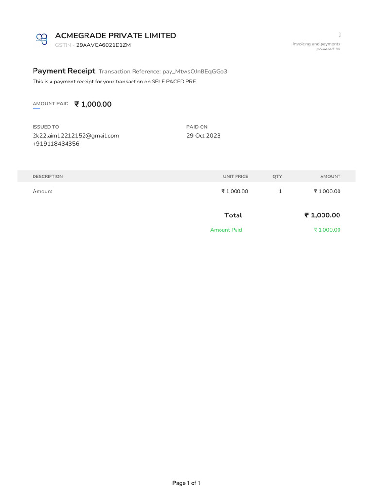 Receipt Pay - MtwsOJnBEqGGo3 From ACMEGRADE (Paid) | PDF