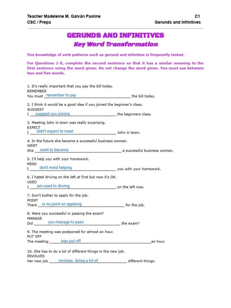 Gerunds and Infinitives - C1 Word Transformation | PDF