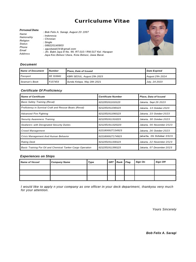 CV - Bob Felix A. Saragi | PDF | Jakarta | Watercraft
