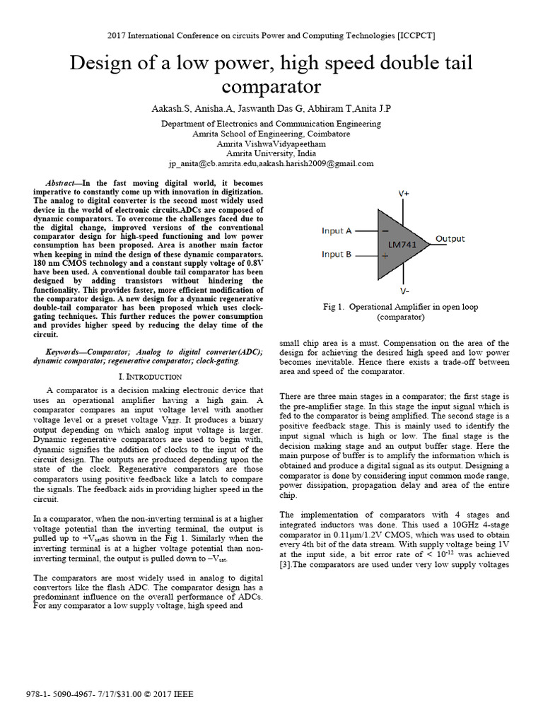 Design Of A Low Power High Speed Double Tail Comparator Pdf Electronics Electronic Engineering