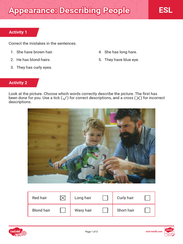 ESL Appearance - Describing People Activity Sheet | PDF | English As A ...