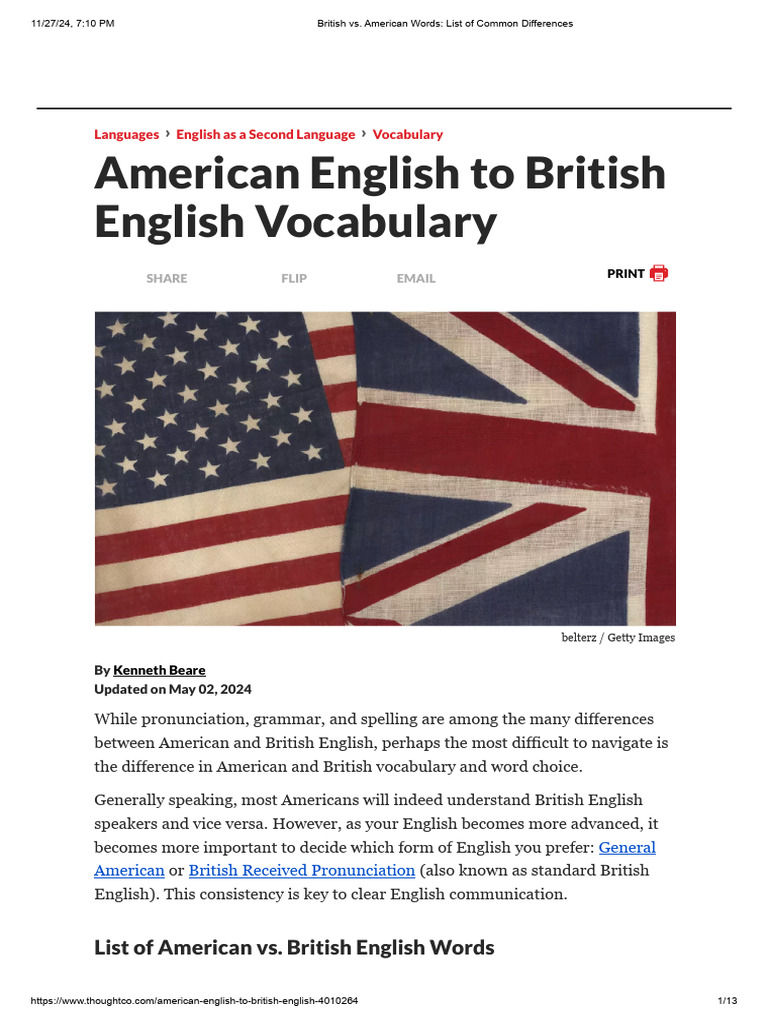 British vs. American Words - List of Common Differences | PDF | English ...
