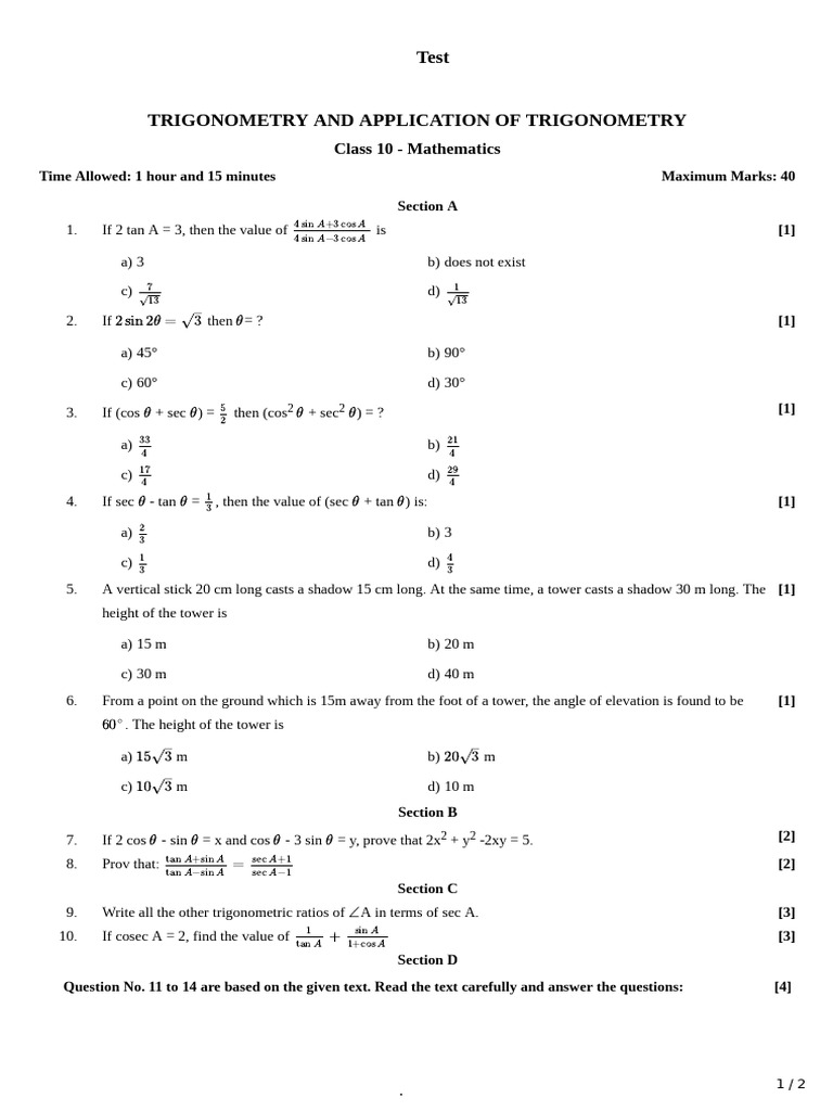 Class 10th Trigo Practice Sheet | PDF | Trigonometry | Trigonometric ...