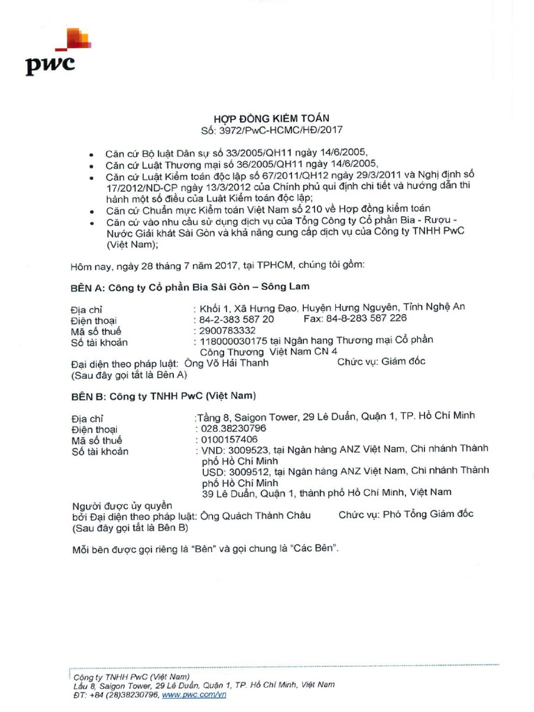 Hop Dong So 3972 PWC HCMC HD 2017 Hop Dong Kiem Toan1 | PDF