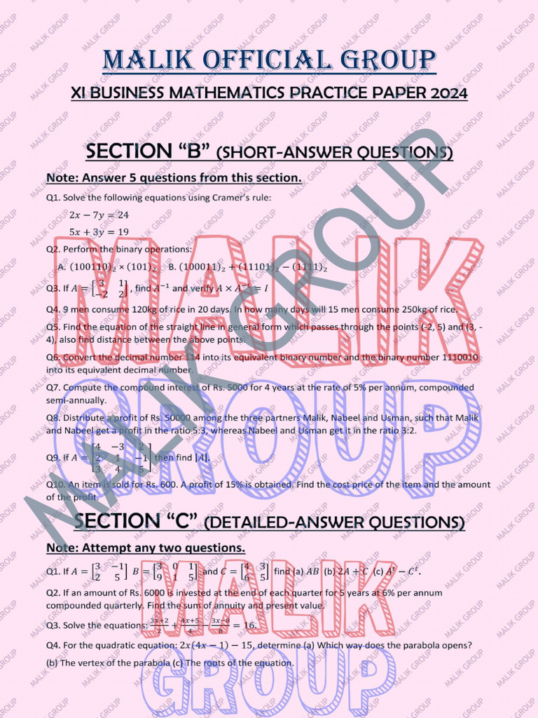 Xi Business Math - Practice Paper 2024 - Mrs. Malik Group | PDF