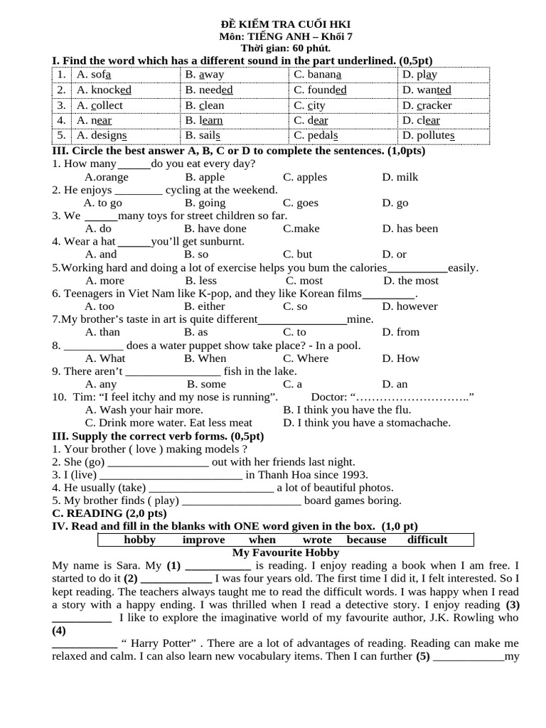 ĐỀ HKI ANH 7 | PDF