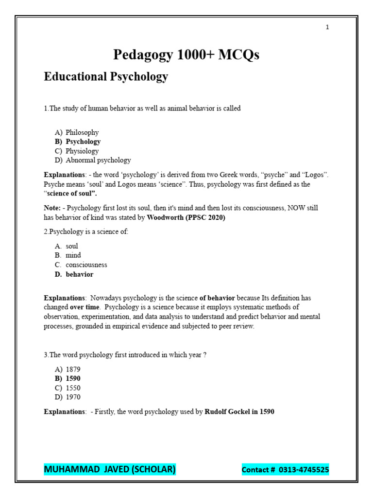 Pedagogy 1000 - Mcqs PDF | PDF | Psychology | Thought