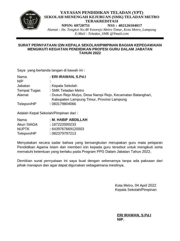 SUrat Pernyataan Izin Kepala Sekolah PPG 2022 | PDF