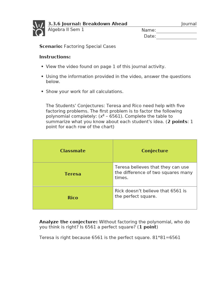 3.3.6 Journal - Breakdown Ahead (Journal) | PDF | Factorization | Elementary Mathematics