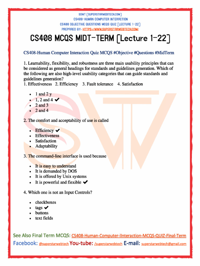 Cs408 Midterm Mcqs Lecture 1 To 22 | PDF | Usability | Graphical User Interfaces
