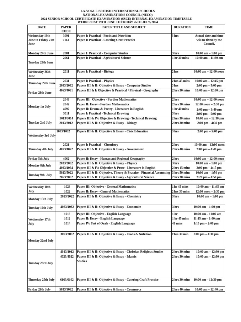 Neco Ssce Time Table 2024 | PDF