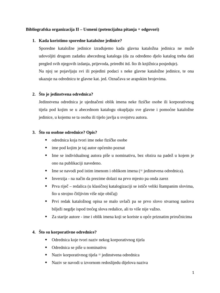Biblio 2 - Usmeni - Pitanja2 | PDF