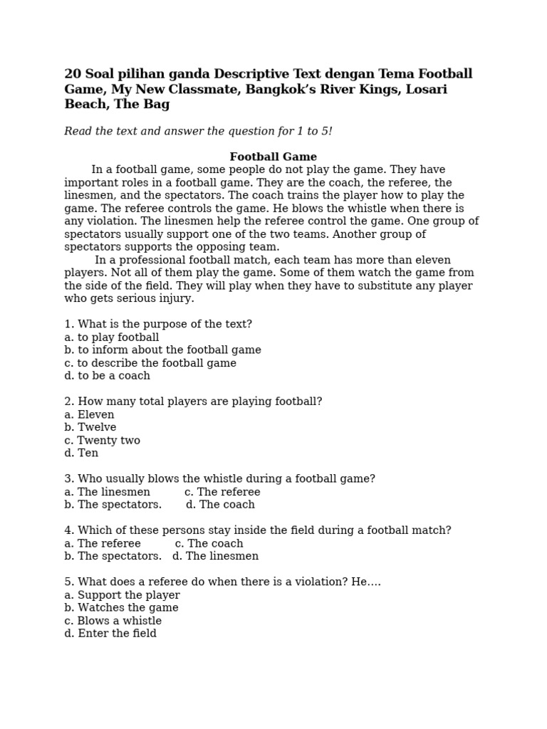 20 Soal Pilihan Ganda Descriptive Text Dengan Tema Football Game | PDF