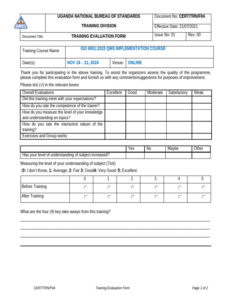 Unbs QMS Training Evaluation Form - November 2024 | PDF | Evaluation