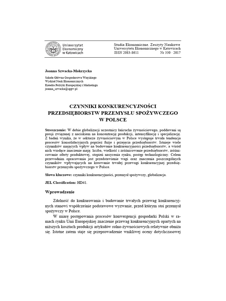 Czynniki Konkurencyjno CI Przedsi Biorstw Przemys U Spo Ywczego W Polsce | PDF