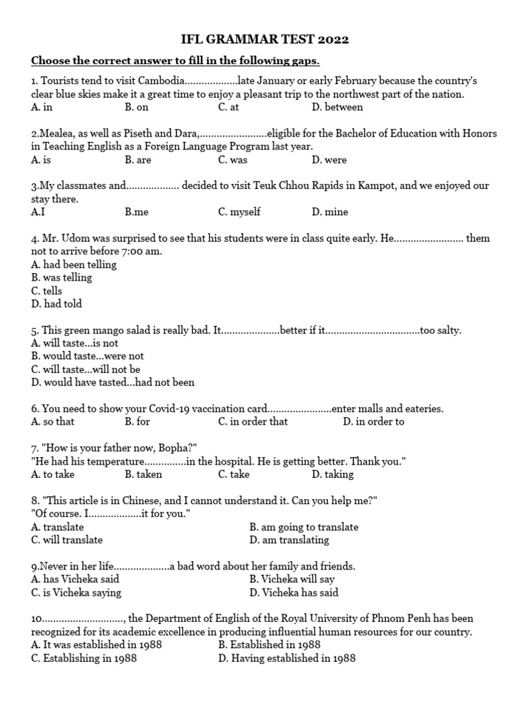 Ifl Grammar Test 2022-23 | PDF