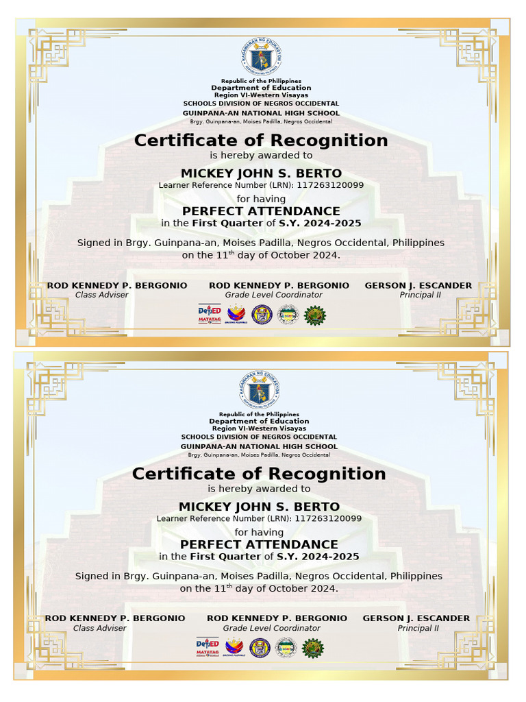 Certificate Perfect Attendance New 1 | PDF