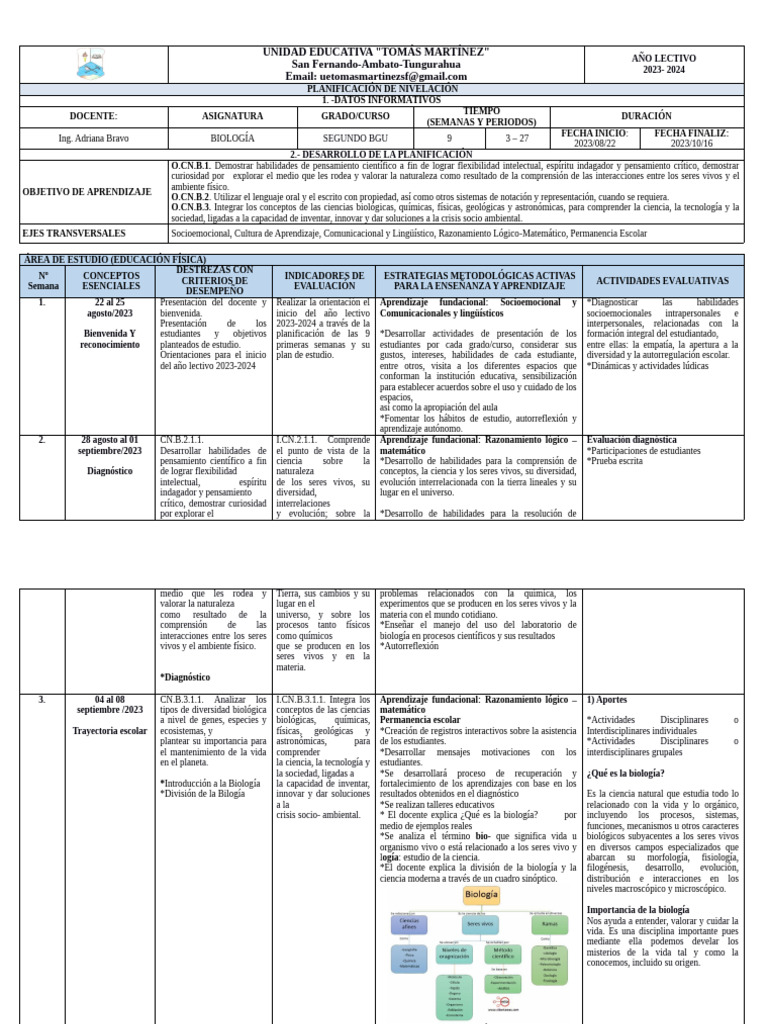 Planificación 9 Semanas - BIOLOGÍA SEGUNDO BGU | PDF | Biología | Aprendizaje