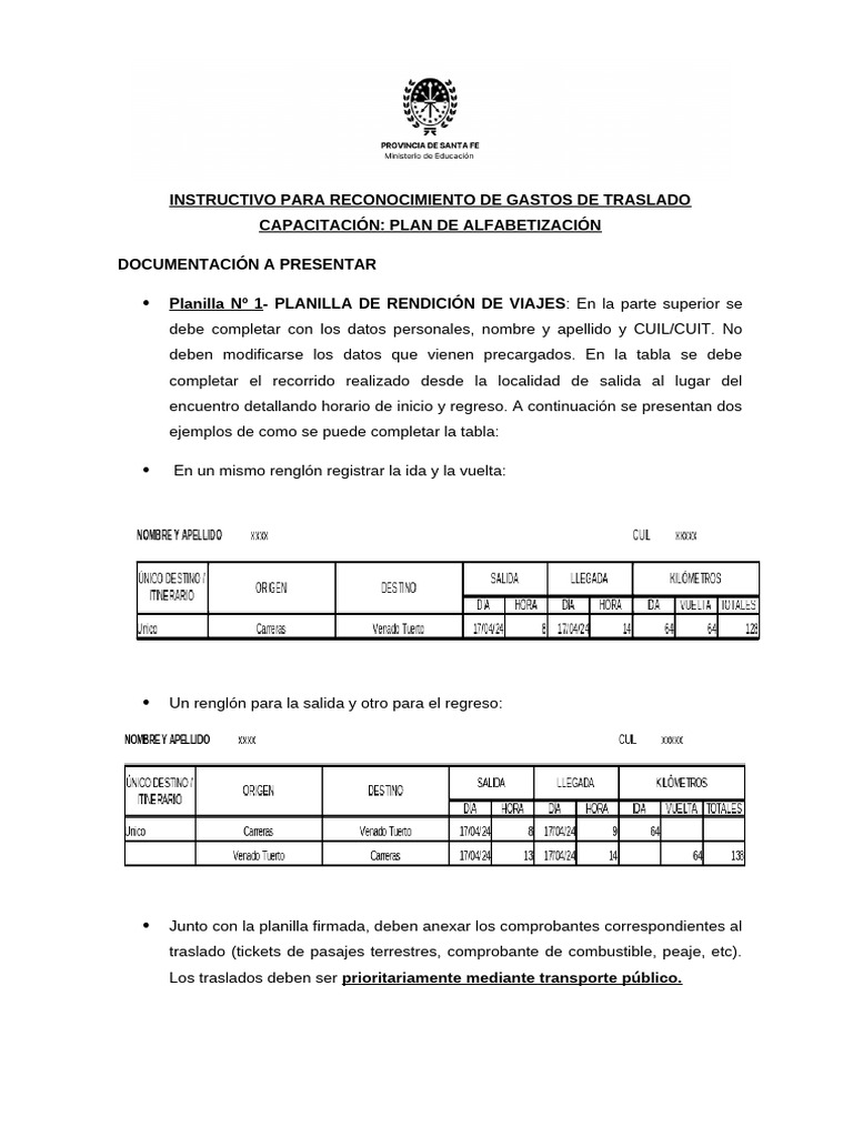 Instructivo Gastos Plan de Alfabetizacion | PDF | Transporte