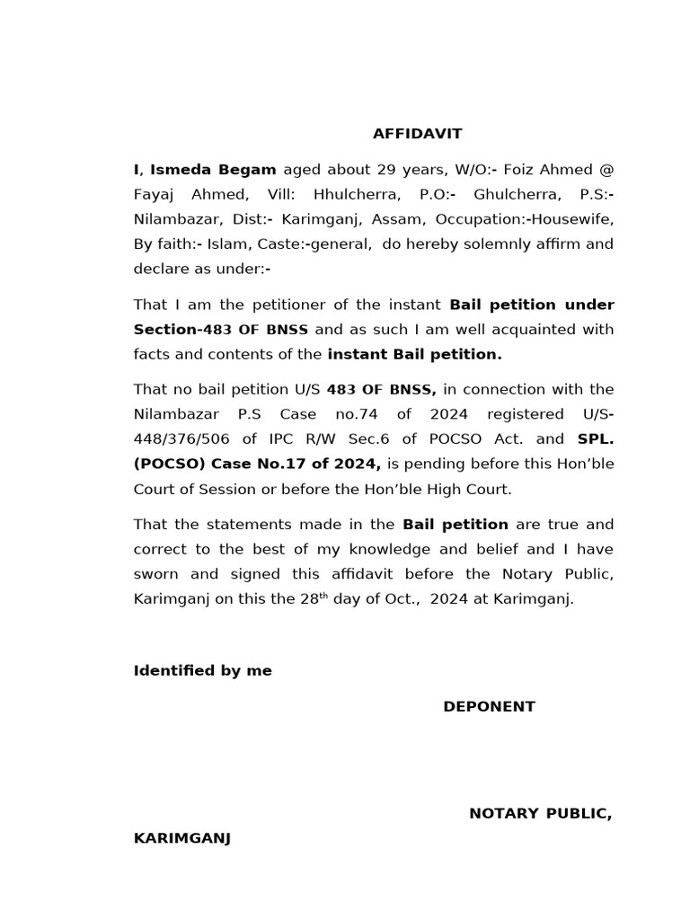 AFFIDAVIT For Bail Petition | PDF
