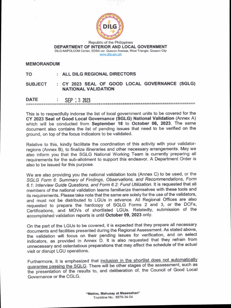 MEMORANDUM - Regional Offices - CY 2023 SGLG National Validation | PDF