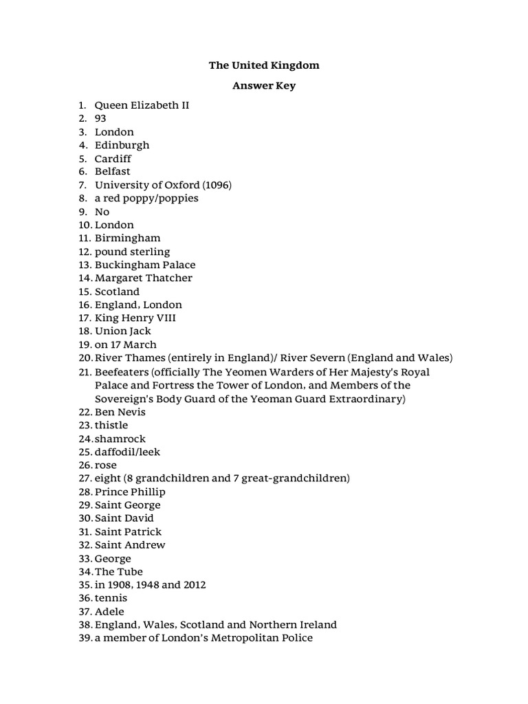 Uk Quwstions Quizz AnswerKey | PDF
