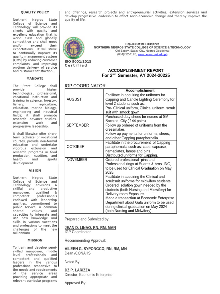 Accomplishment Report | PDF | Nursing | Quality Management