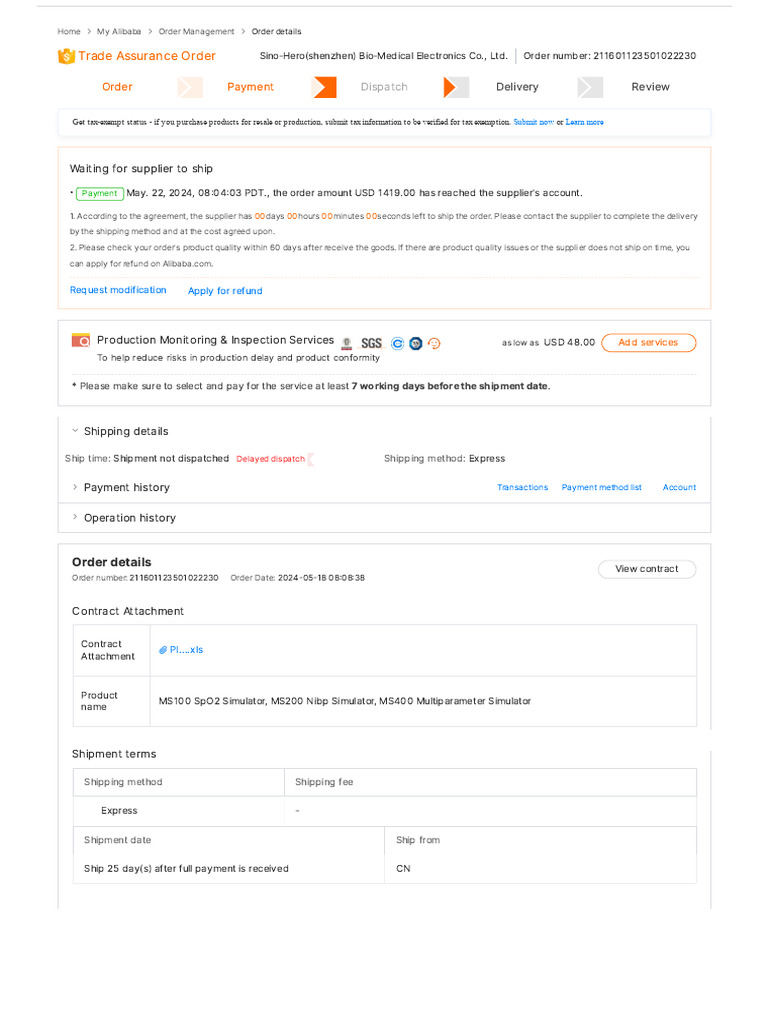 Alibaba Trade Assurance Order Details | PDF | Payments