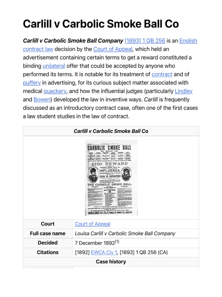 Carlill V Carbolic Smoke Ball Co - Wikipedia | PDF | Justice | Crime ...