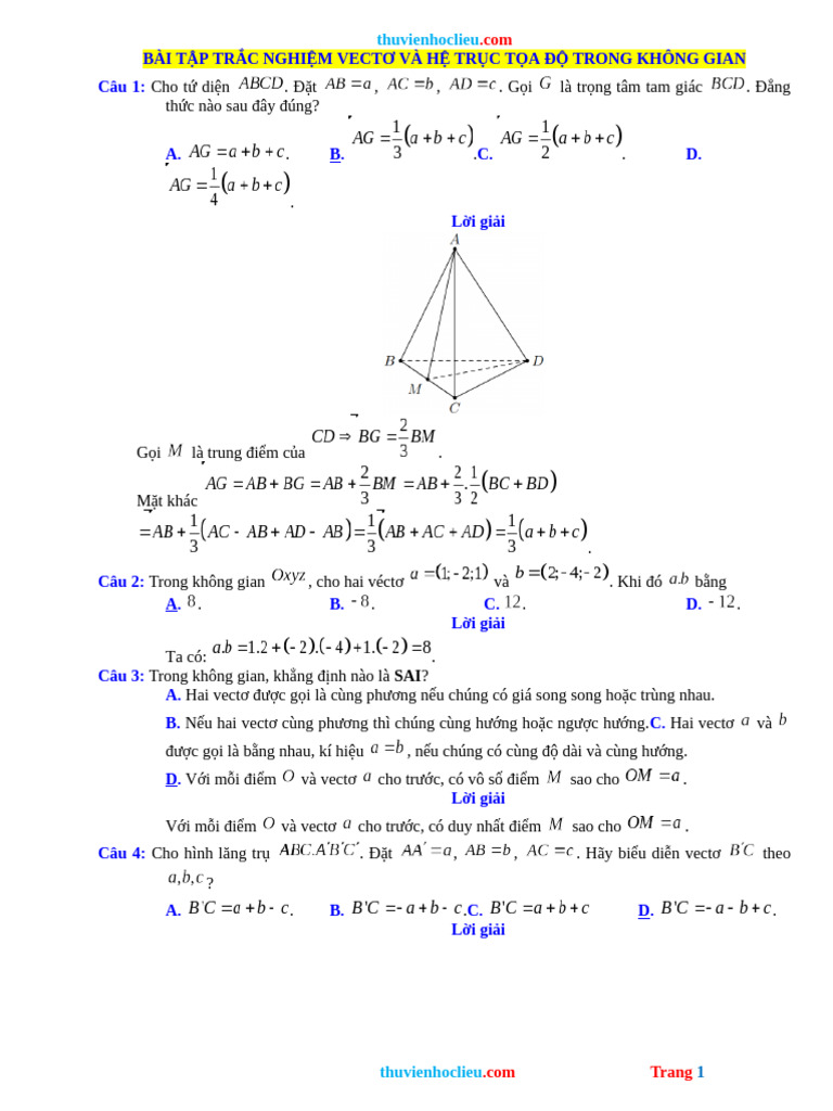 110 Bai Tap Trac Nghiem Vecto Va He Truc Toa Do Trong Khong Gian | PDF