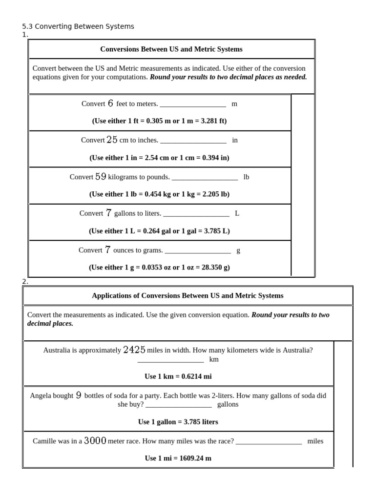 5.3 Converting Between Systems | PDF | Pound (Mass) | Ounce