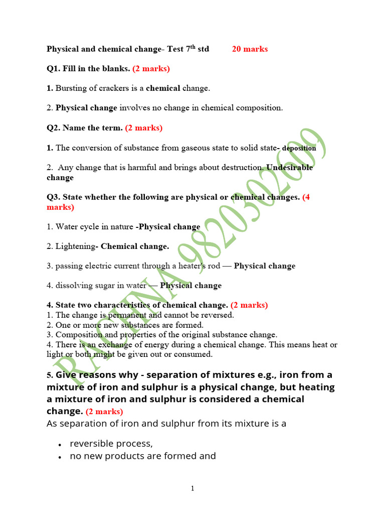 Physical and Chemical Change Test Ans | PDF | Chemical Substances | Water
