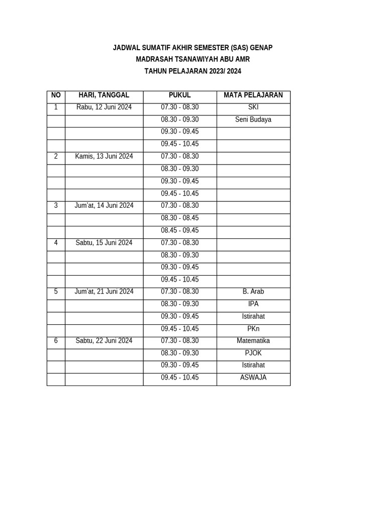 Jadwal Ujian Akhir Semester MTs Abu Amr | PDF