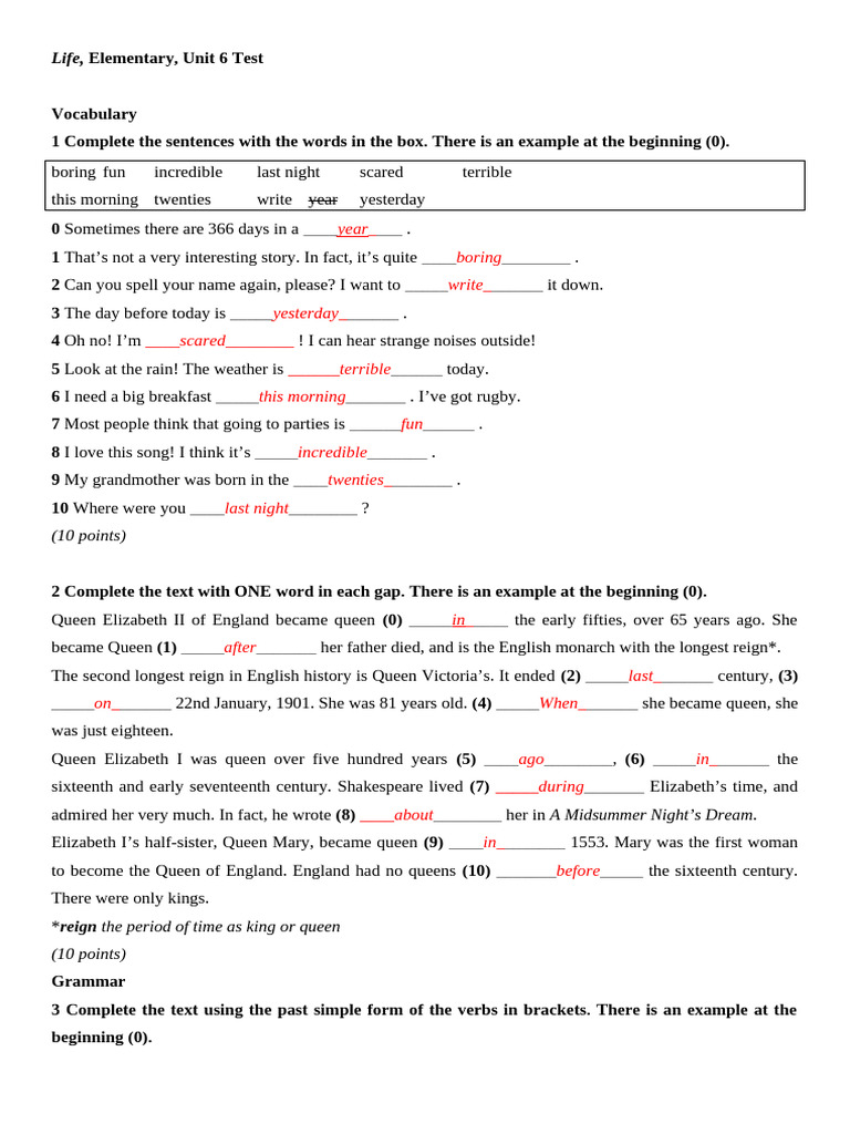 Life 2e Elementary Unit 6 Test Word-Correction | PDF