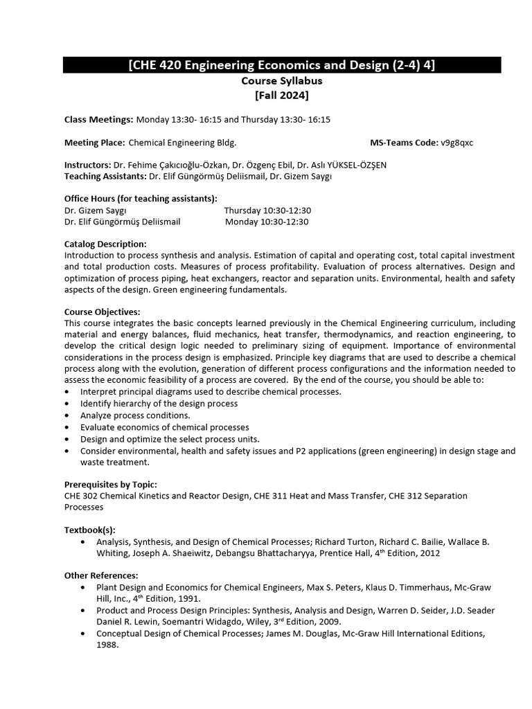 CHE 420 Syllabus 2024 FALL | PDF | Chemical Engineering | Engineering
