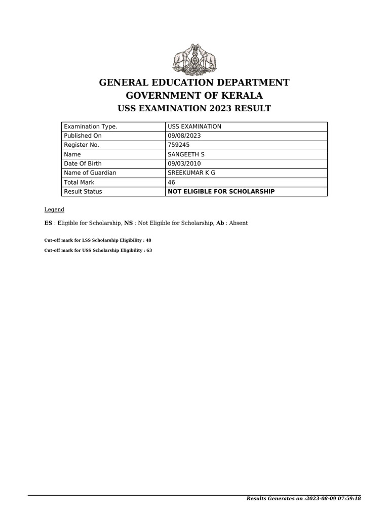 USS Exam Result for Sangeeth S | PDF