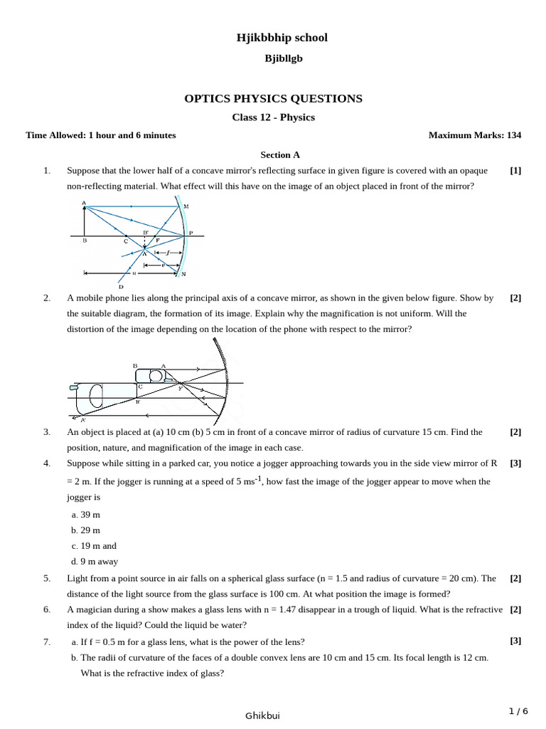 Class 12 Ray Optics Exam Questions | PDF | Atomic | Optics