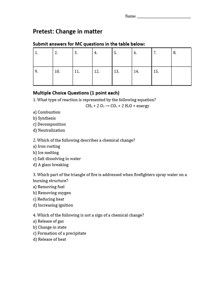 Pretest - Change in Matter | PDF | Combustion | Chemical Reactions