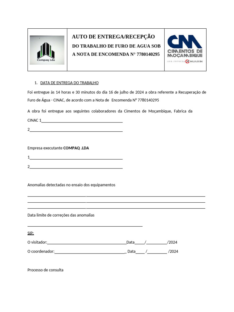 Recepção Provisória CINAC 2024 | PDF