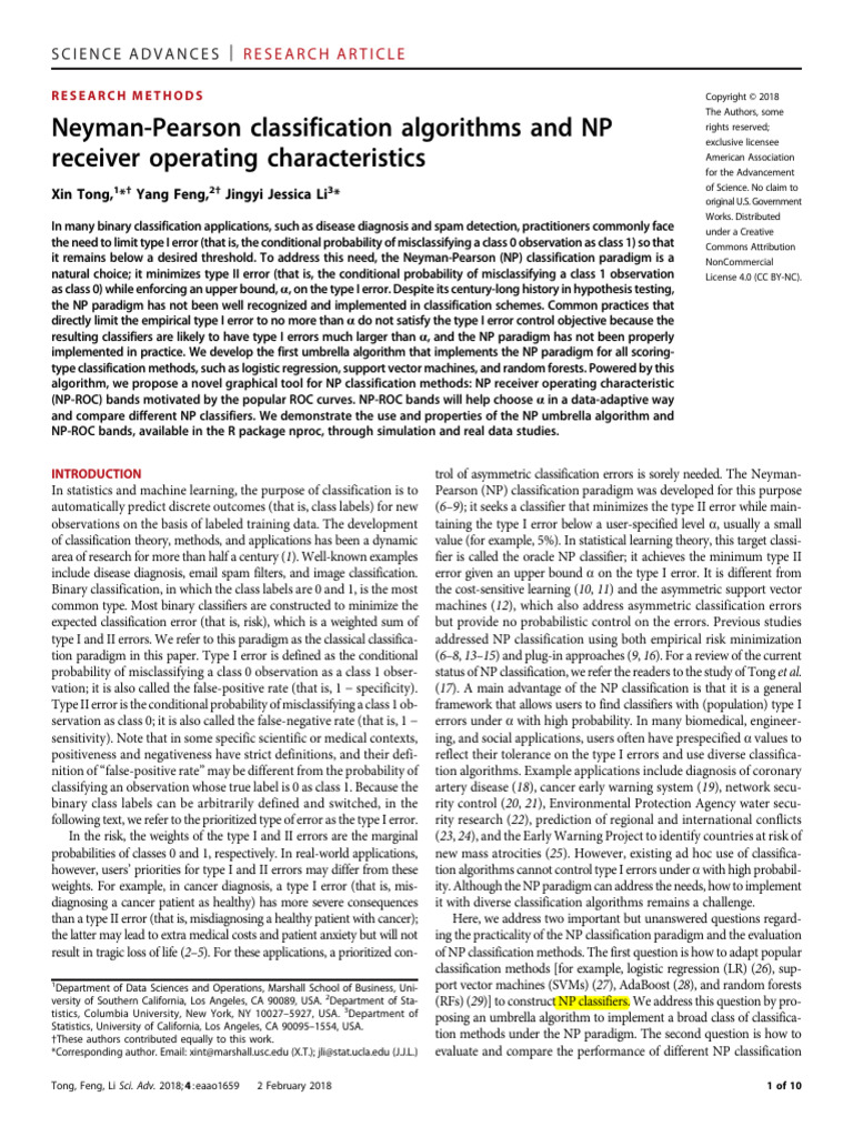 Neyman Pearson Classification Algorithms Pdf Statistical Classification Receiver Operating