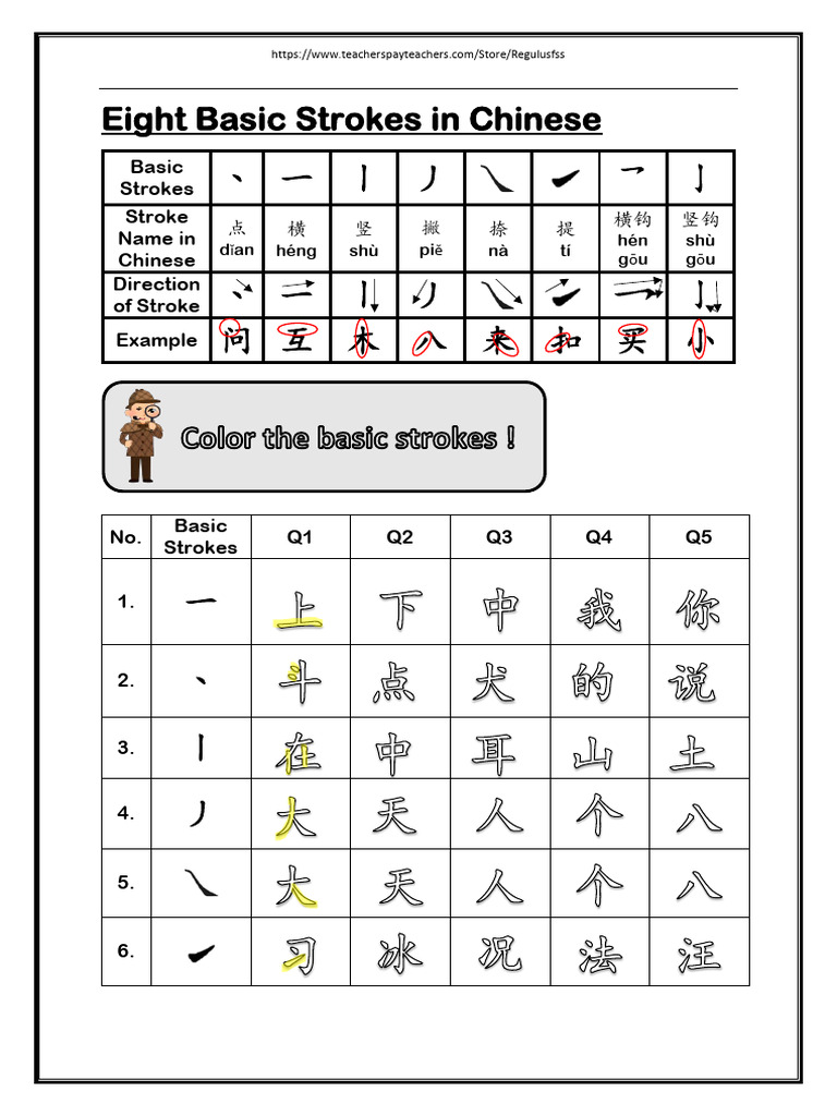 Basic Strokes Stroke Name in Chinese Direction of Stroke Example | PDF