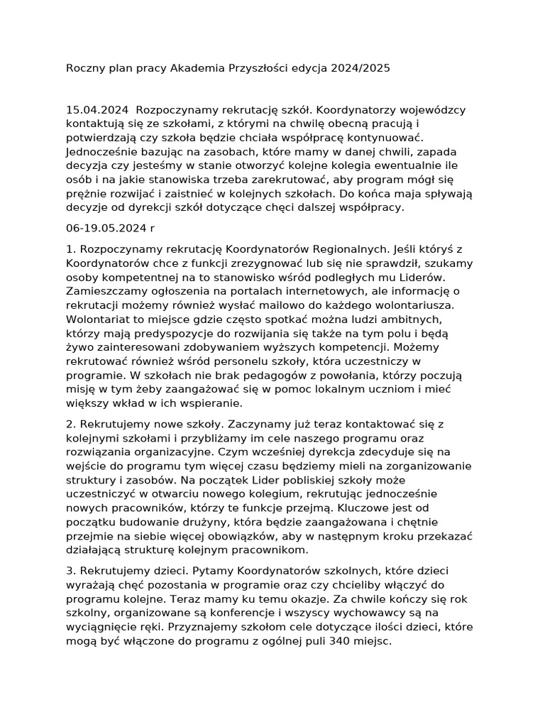 Roczny Plan Pracy Akademii | PDF