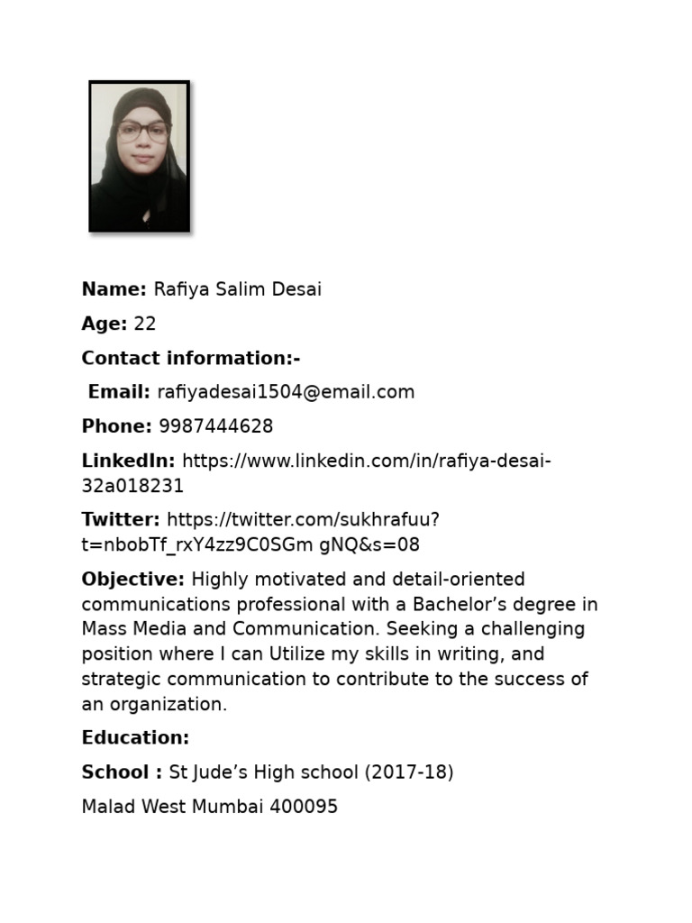 Rafiya Salim Desai: Communications Profile | PDF