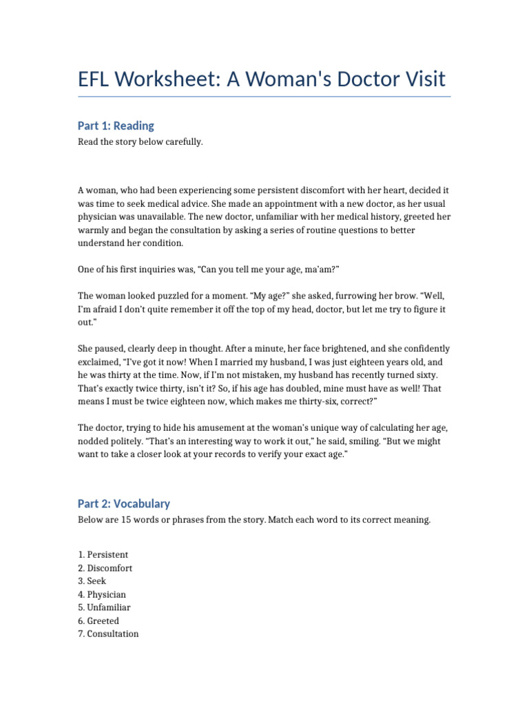 09 EFL Worksheet A Womans Doctor Visit | PDF