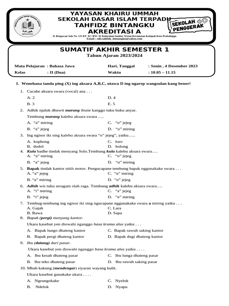 Soal Sas Ganjil B.jawa KLS 2B | PDF