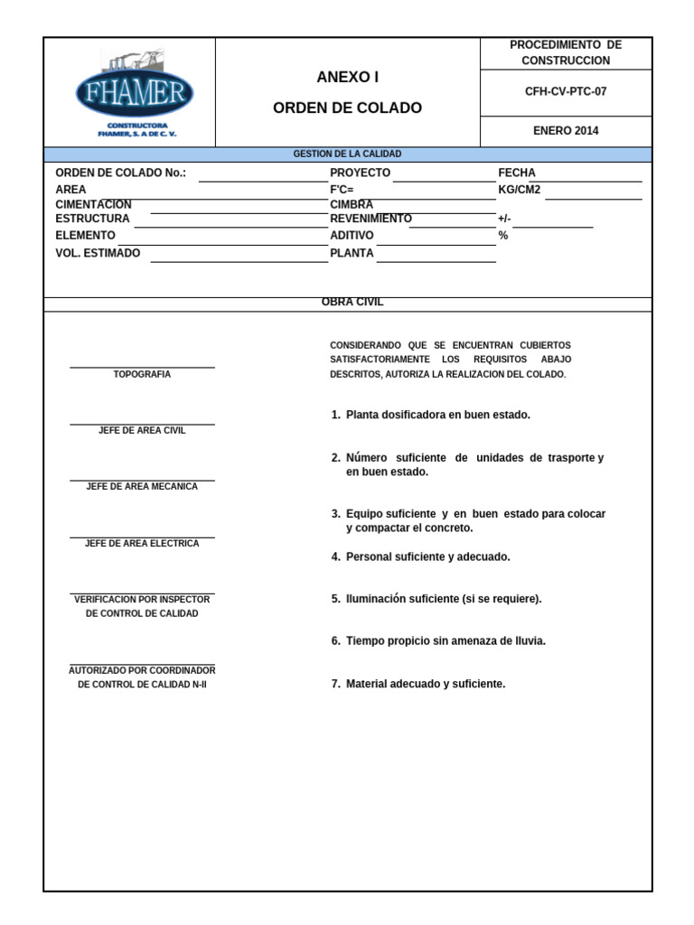 CFH-CV-PTC-07 Colocacion de Concreto | PDF | Hormigón