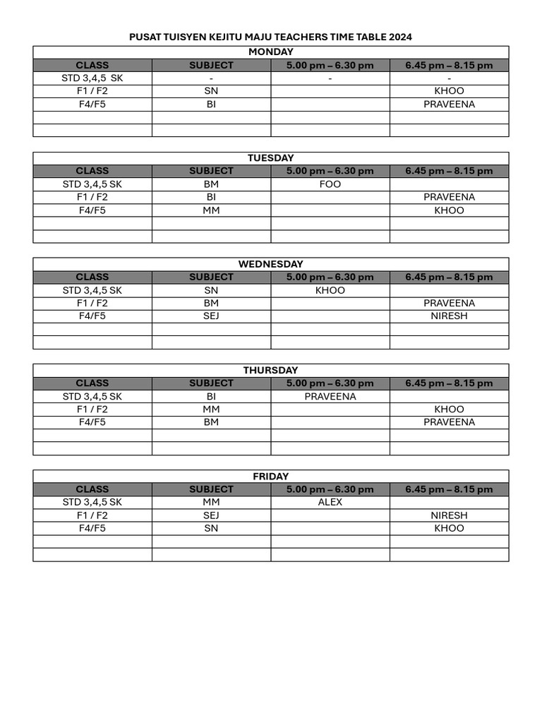 Pusat Tuisyen Kejitu Maju Teachers Time Table 2024 | PDF