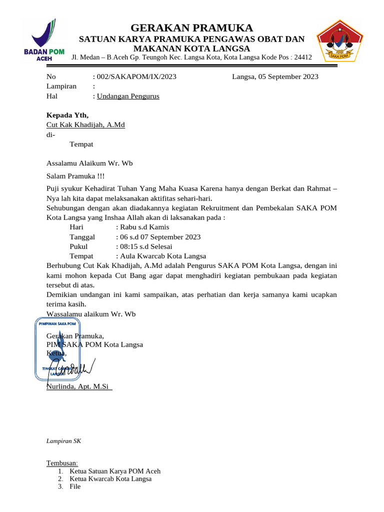 Surat Undangan Pengurus SAKA POM Langsa 2023 | PDF
