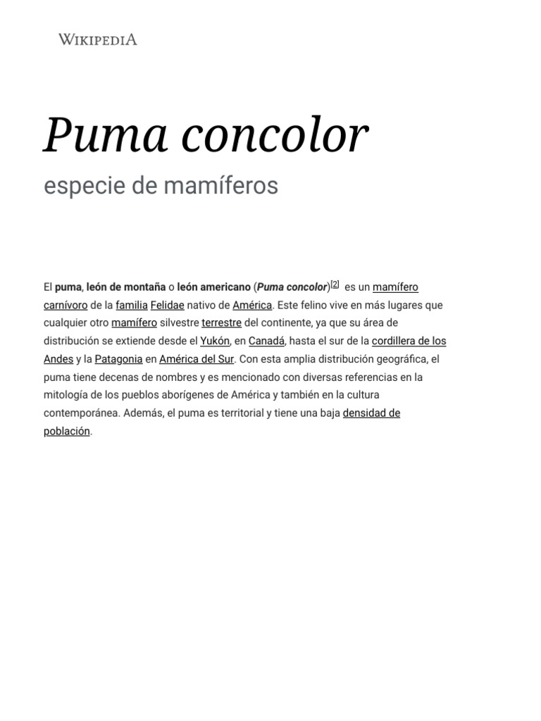 Puma Concolor - Wikipedia, La Enciclopedia Libre | PDF | Puma | Felidae