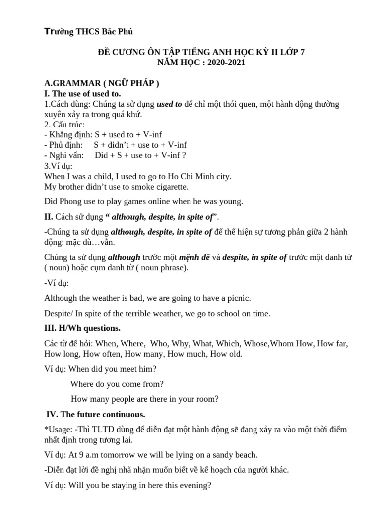 Đề Cương Ôn Tập Học Kì II Tiếng Anh 7 | PDF